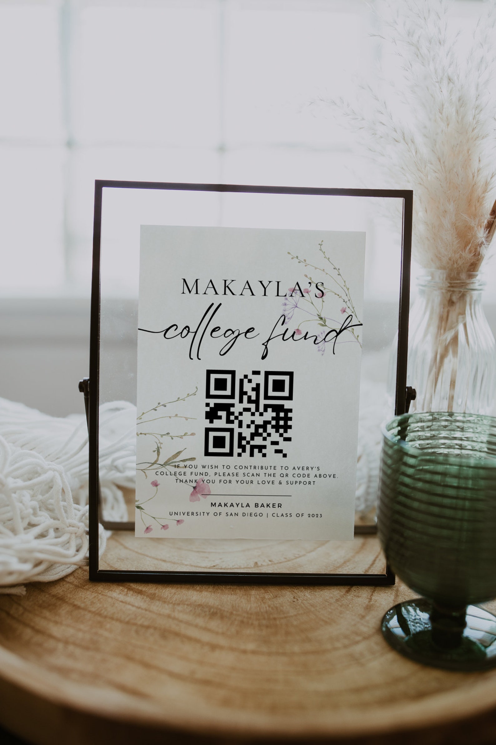Wildflower College Fund QR Code Sign, Graduation Party Sign, Floral ...