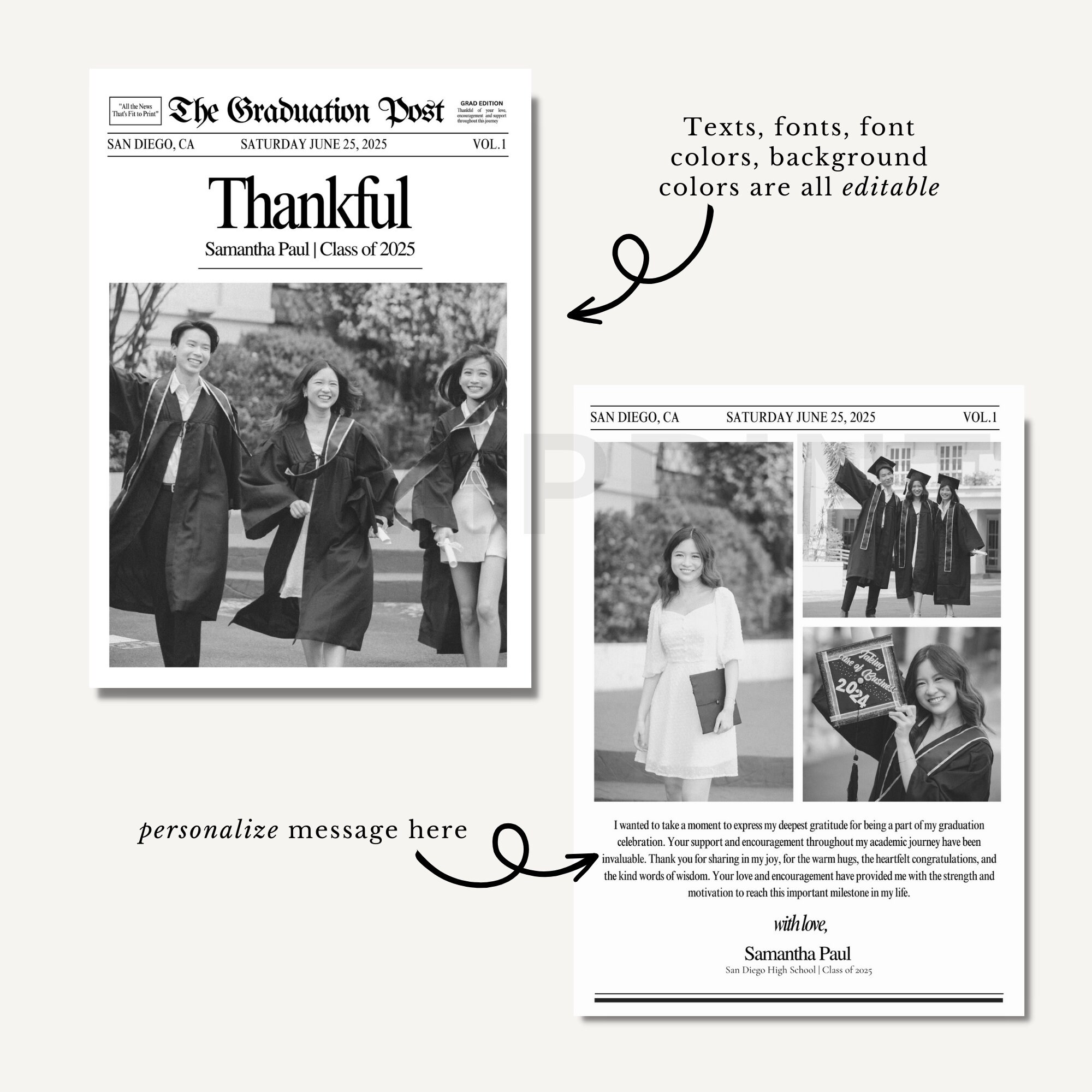 Newspaper Graduation Thank You Card, Minimalist Grad Thank You Card ...