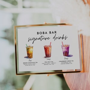 Boba Bar Wedding Sign, Signature Drink Sign, Milk Tea Bar Menu Template ...