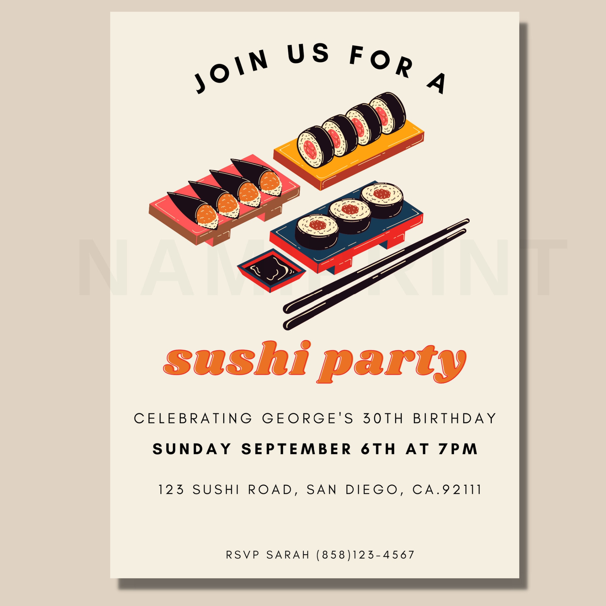 Sushi Birthday Party Editable Invitation Template, Sushi Party ...