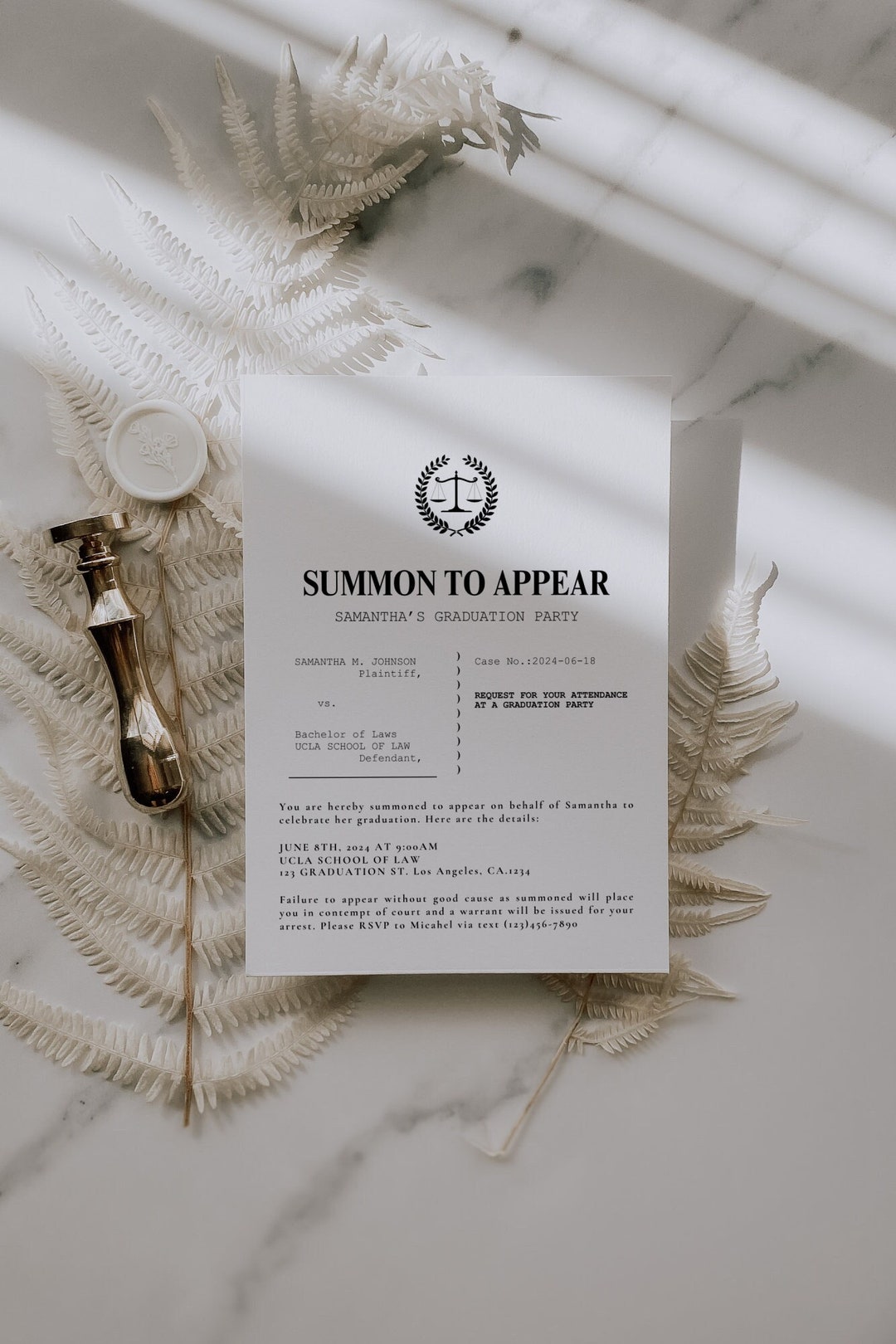 Summon to Appear Invite, Law School Graduation Party Photo Card, You ...