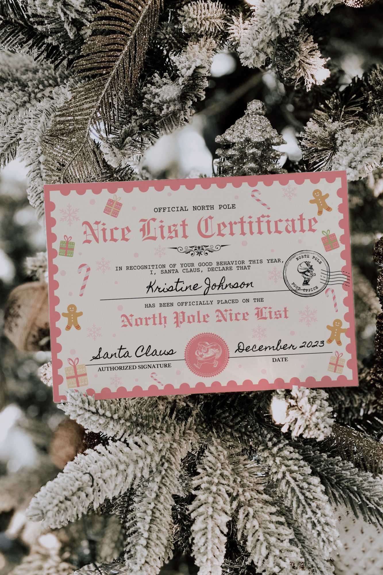 Pink Winter Wonderland Certificate, Pink Nice List Certificate Canva ...