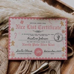 Pink Winter Wonderland Certificate, Pink Nice List Certificate Canva ...
