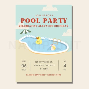 Retro Pool Party Invitation Template, Birthday Summer Kids Birthday ...
