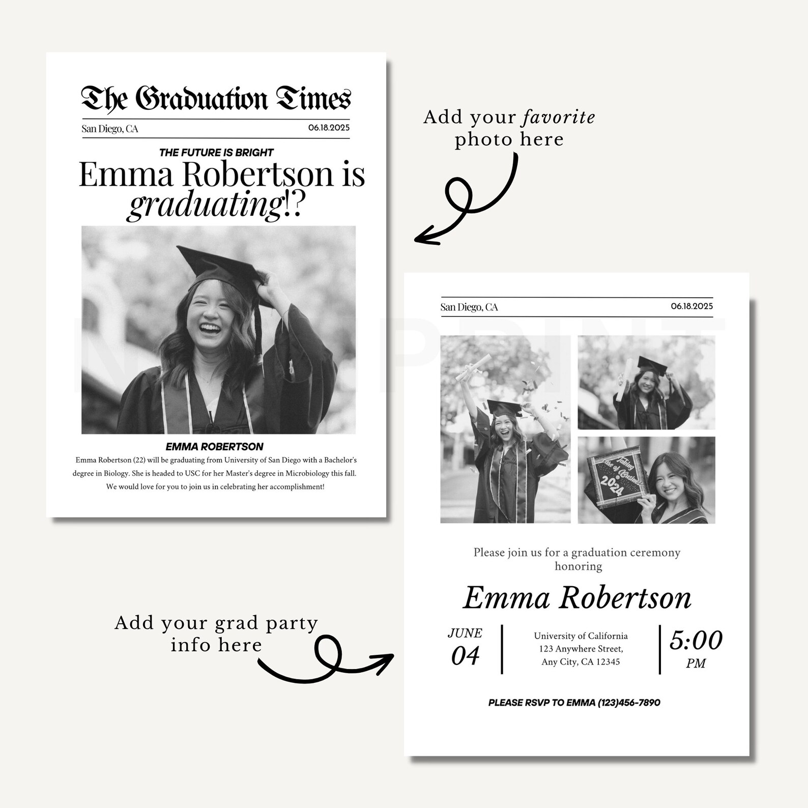 Newspaper Graduation Announcement Card, Modern Senior Graduation Photo ...