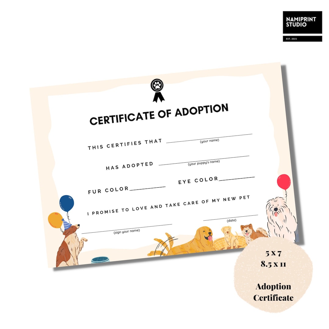 Printable Pet Adoption Certificate Paper, Pet Adoption Party ...