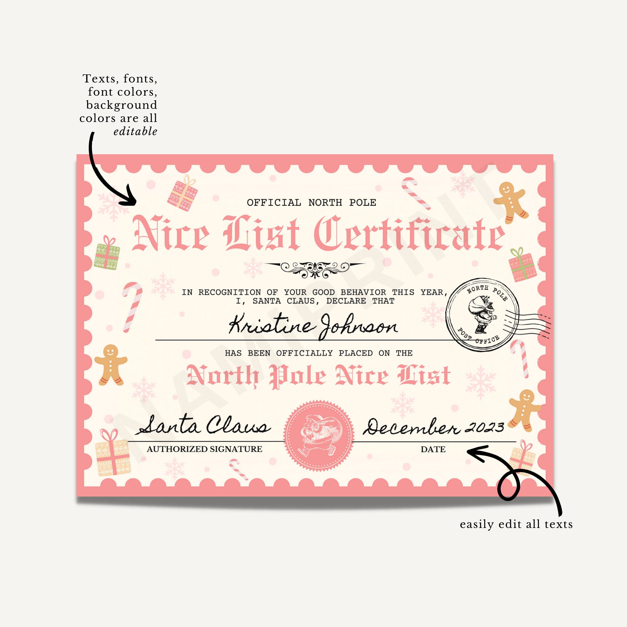 Pink Winter Wonderland Certificate, Pink Nice List Certificate Canva ...