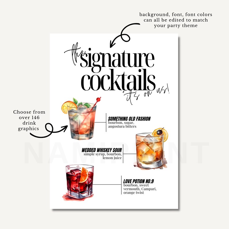 Signature Cocktails Sign Template, Editable Wedding Bar Menu, Printable ...