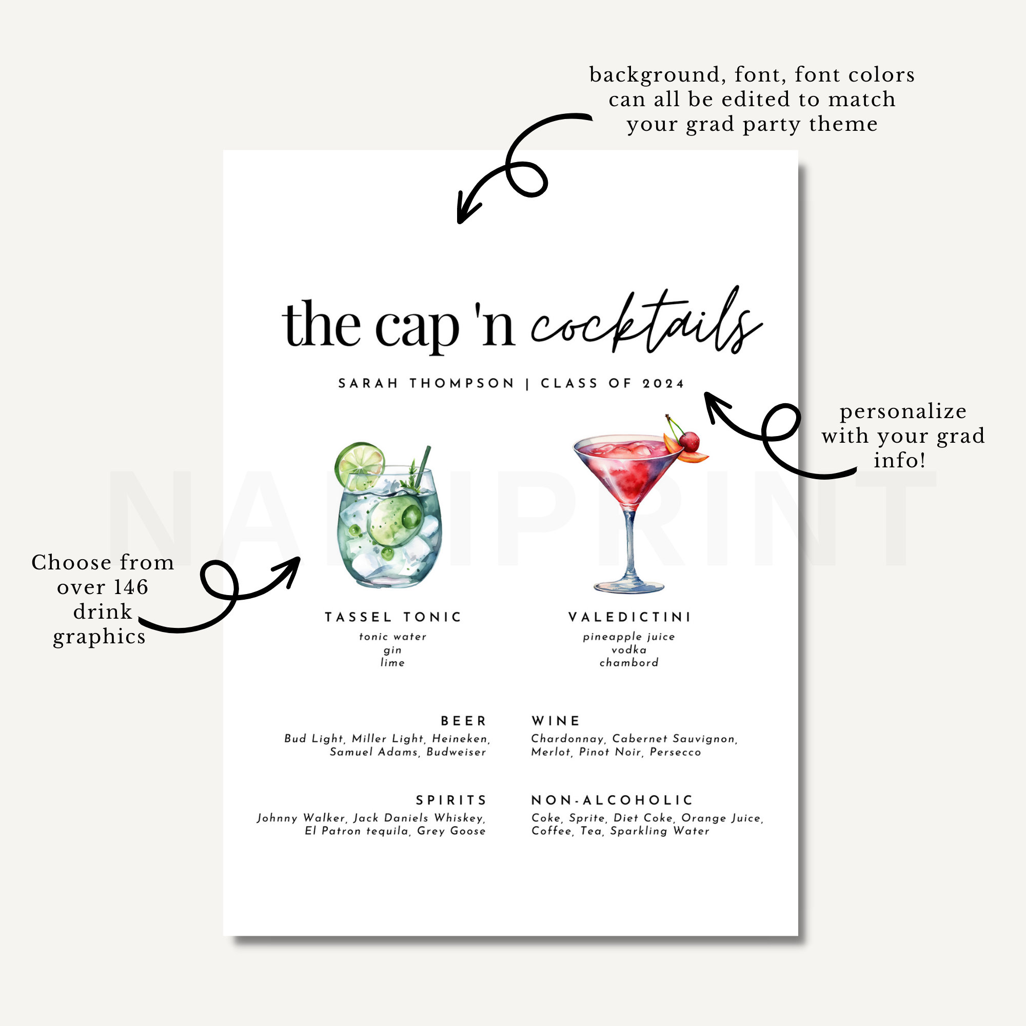 Signature Cocktails Sign Template Modern Graduation Party Bar - Etsy