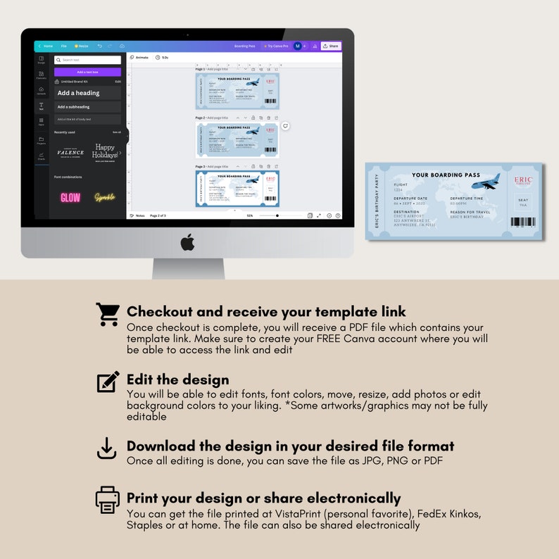 Airplane Boarding Pass Editable Template Airplane Aviation - Etsy