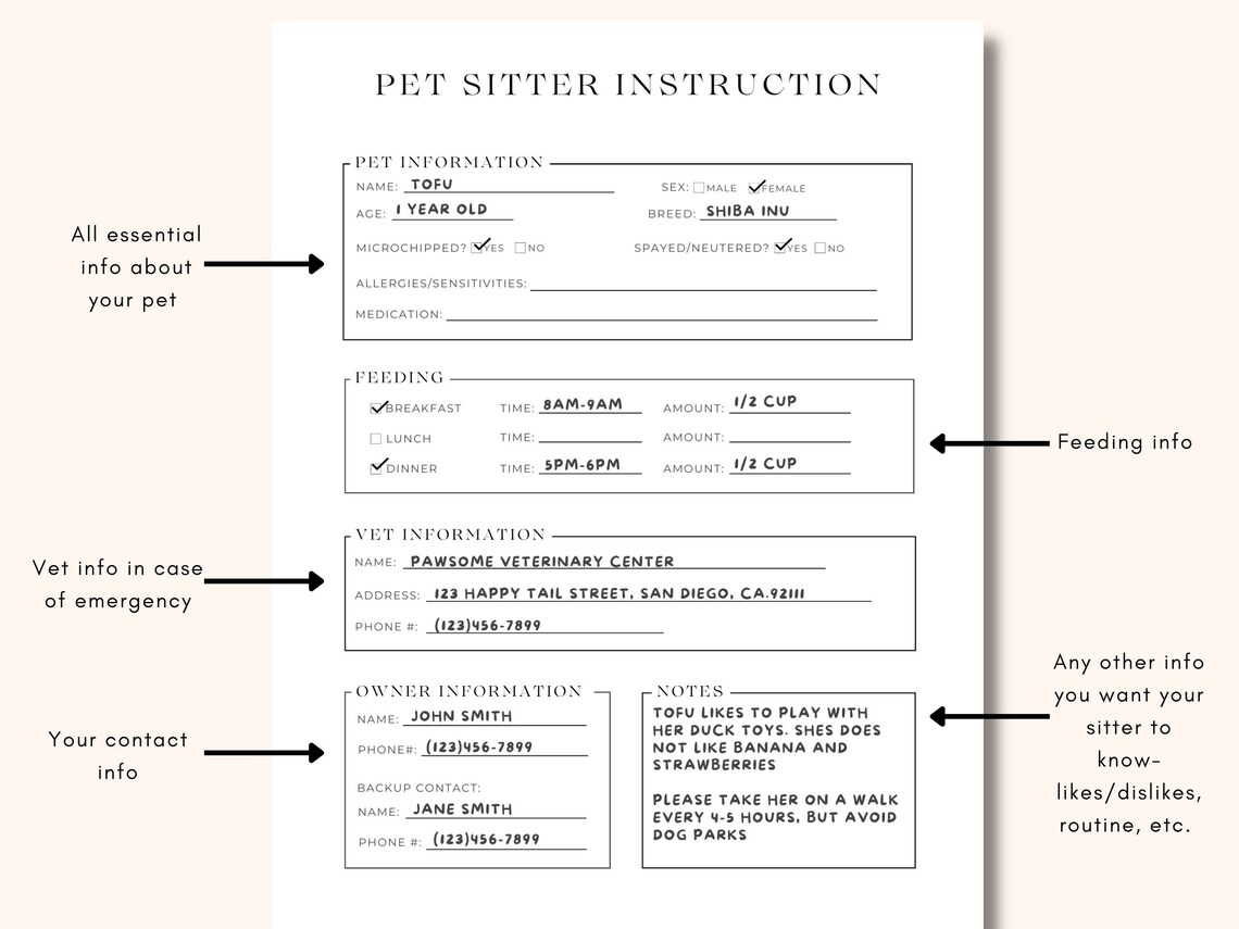 Printable Minimal Pet Information Sheet for Pet Sitter and Pet - Etsy