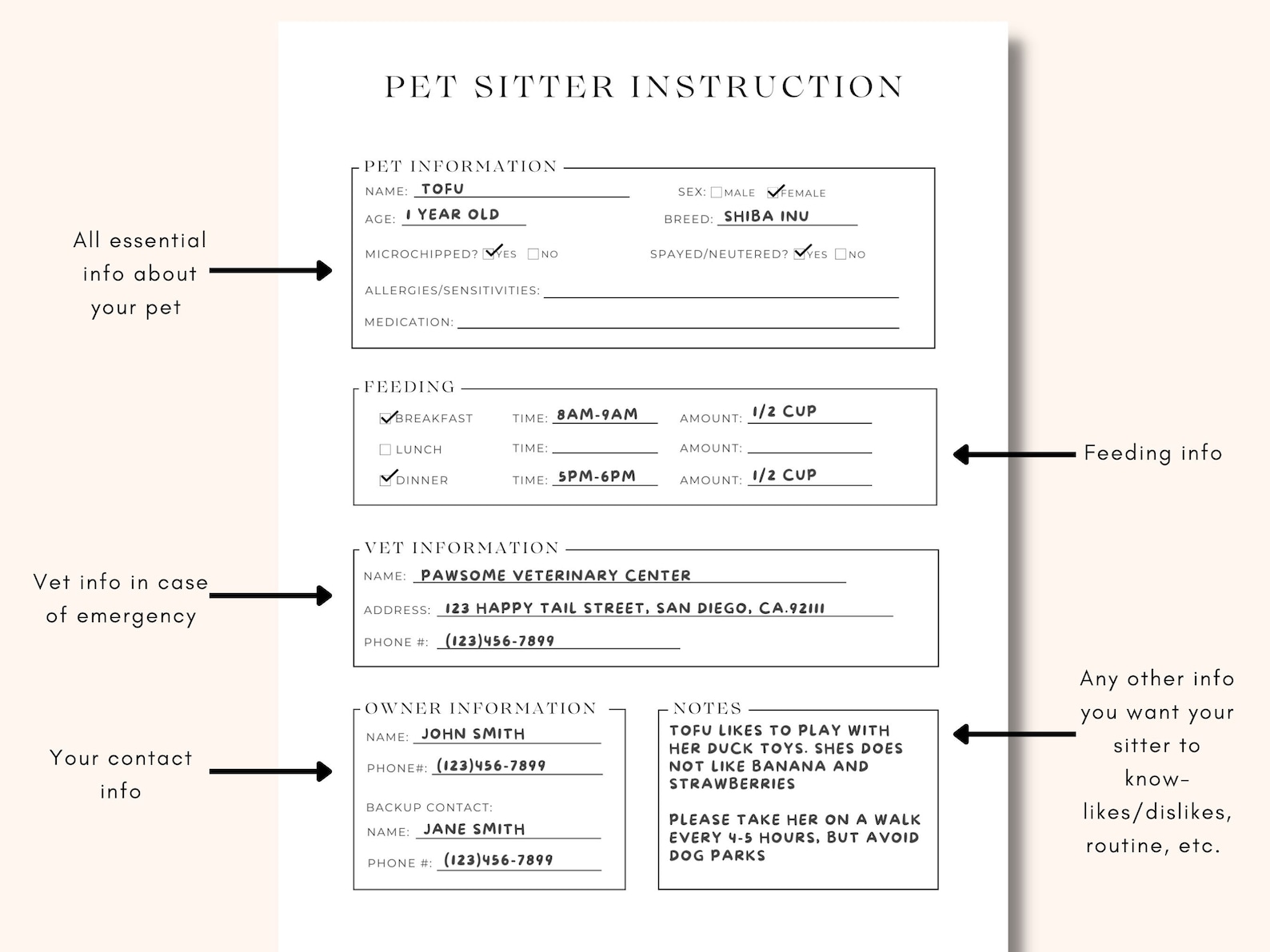 Printable Minimal Pet Information Sheet for Pet Sitter and Pet - Etsy