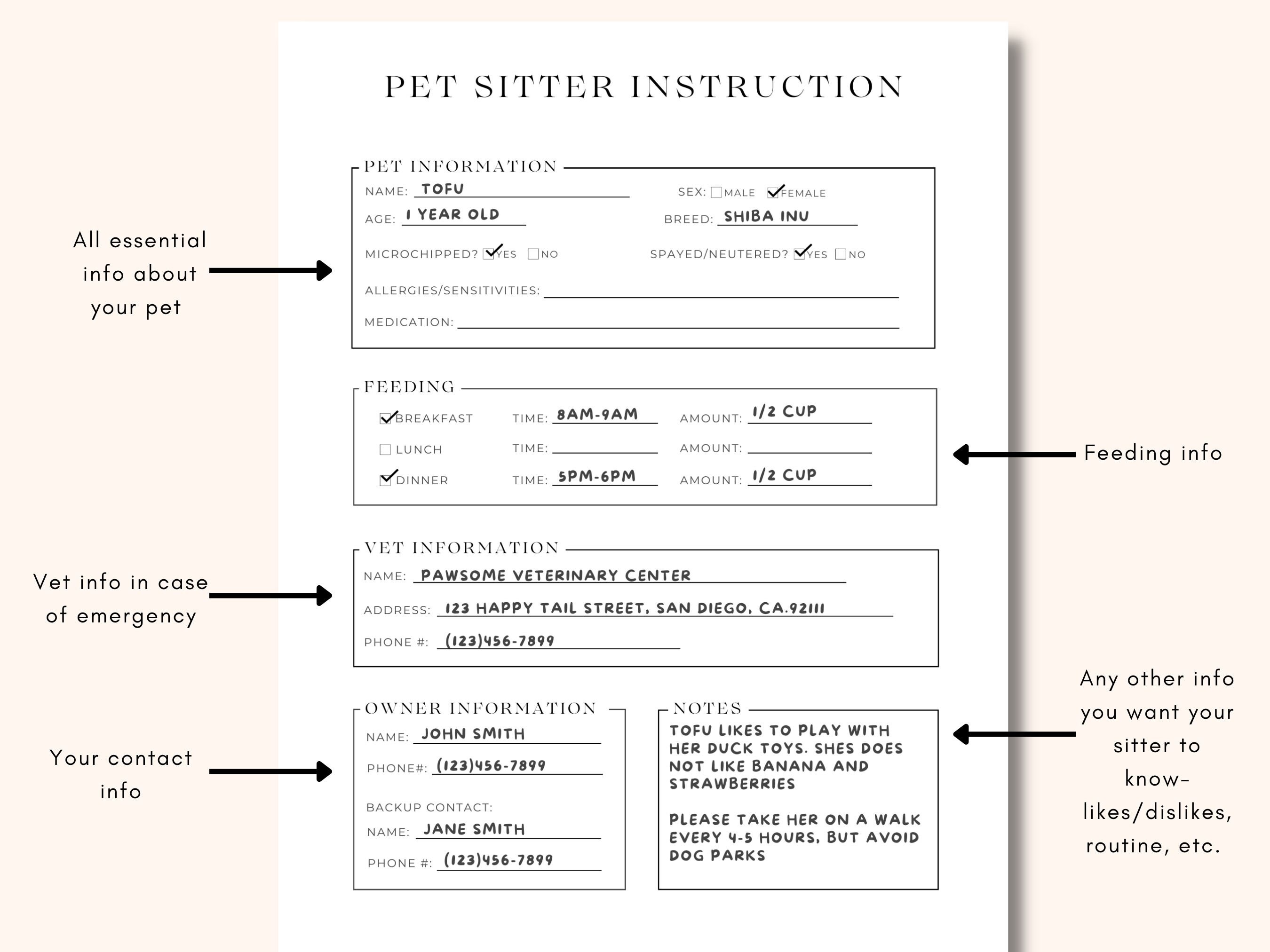Printable Minimal Pet Information Sheet for Pet Sitter and Pet - Etsy