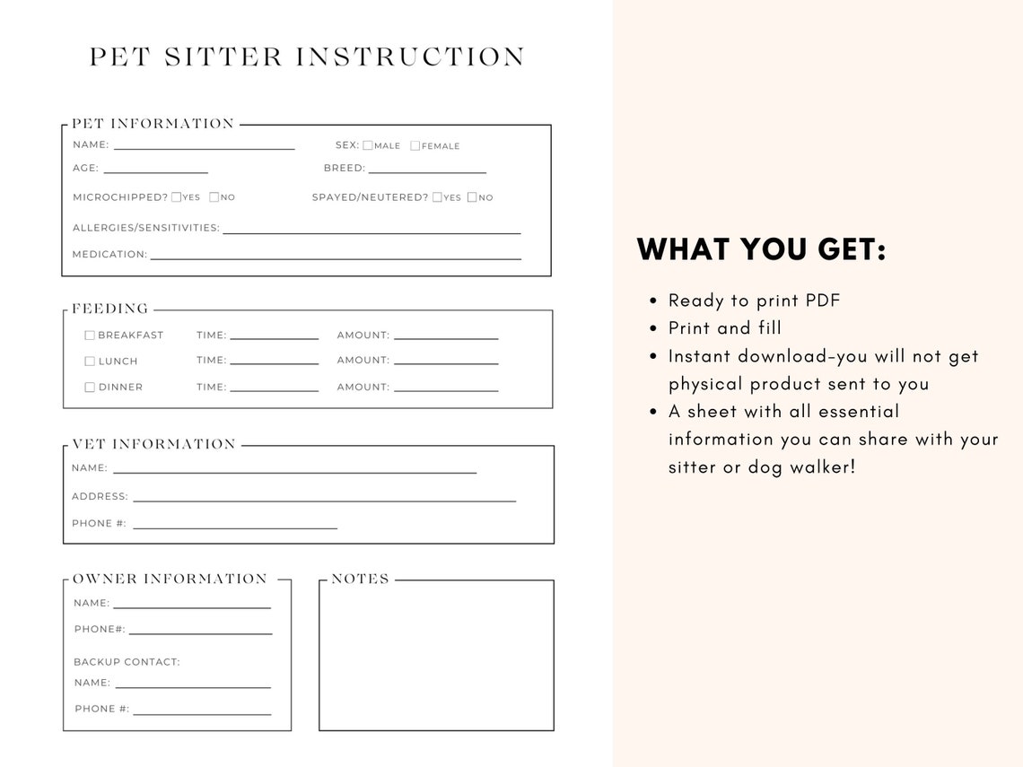 Printable Minimal Pet Information Sheet for Pet Sitter and Pet Boarding ...