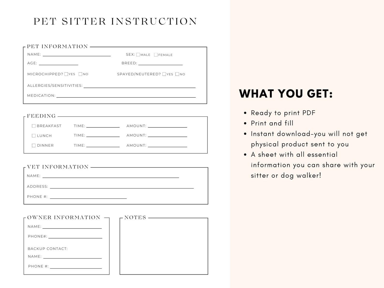 Printable Minimal Pet Information Sheet for Pet Sitter and Pet - Etsy