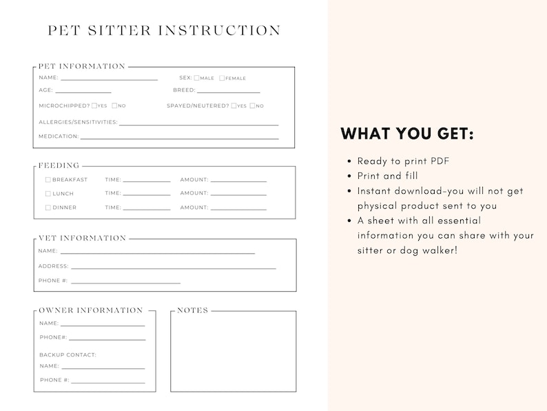 Printable Minimal Pet Information Sheet for Pet Sitter and Pet Boarding ...