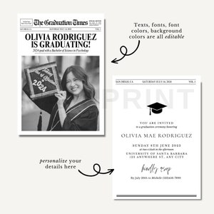 Newspaper Graduation Party Invitation Template, Editable Graduate Photo ...