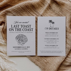 Coastal Bachelorette Party Invitation Template, Last Toast on the Coast ...