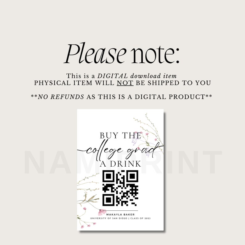 Wildflower Buy the Grad a Drink Sign, Venmo Paypal Cash App QR Code ...