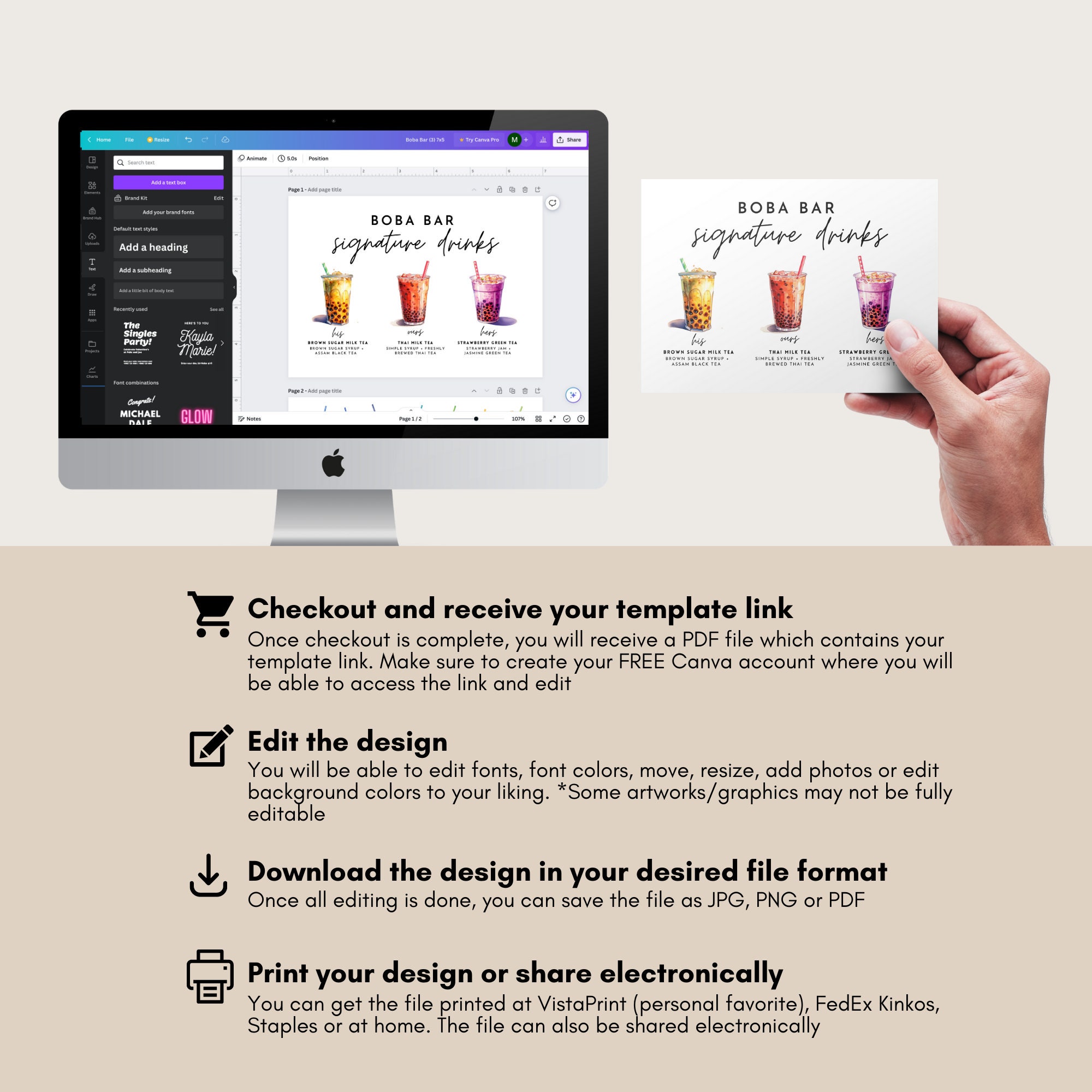 Boba Bar Wedding Sign Signature Drink Sign Milk Tea Bar Menu - Etsy