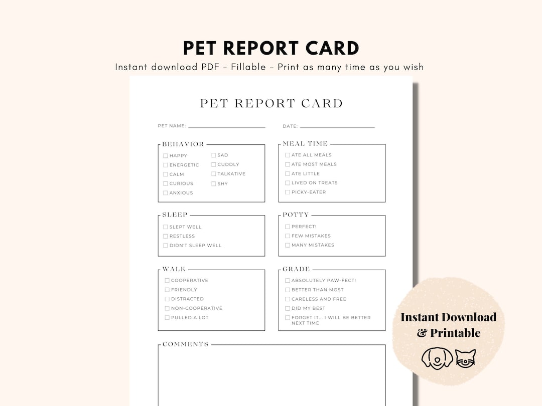 Printable Pet Report Card for Dog Boarding and Pet Sitting, Dog Sitting ...
