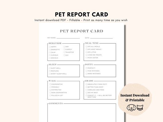 Pet Report Card, Pet Report Form, Dog Report Card
