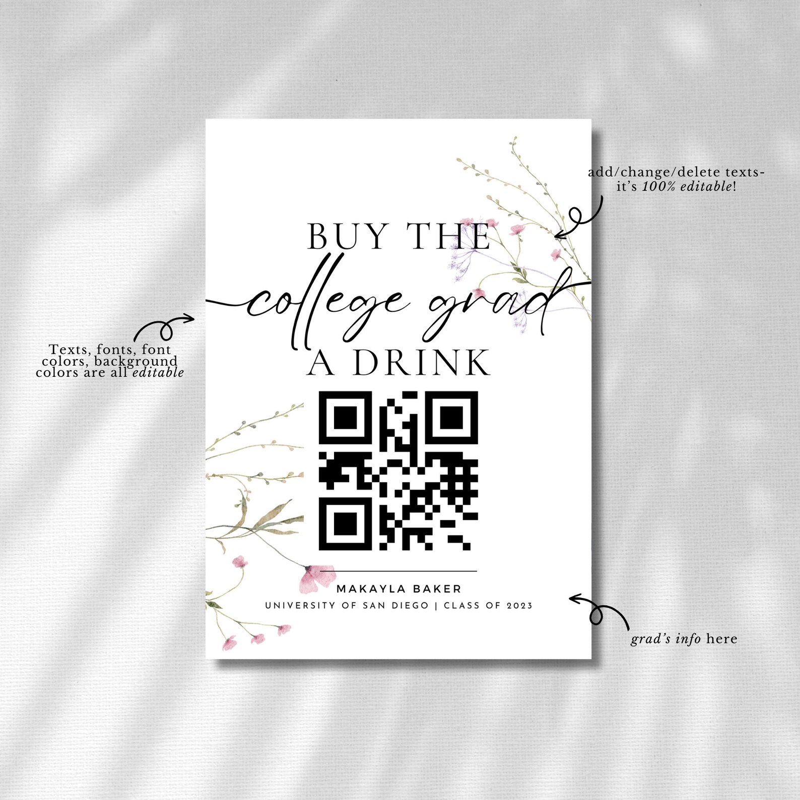 Wildflower Buy the Grad a Drink Sign, Venmo Paypal Cash App QR Code ...