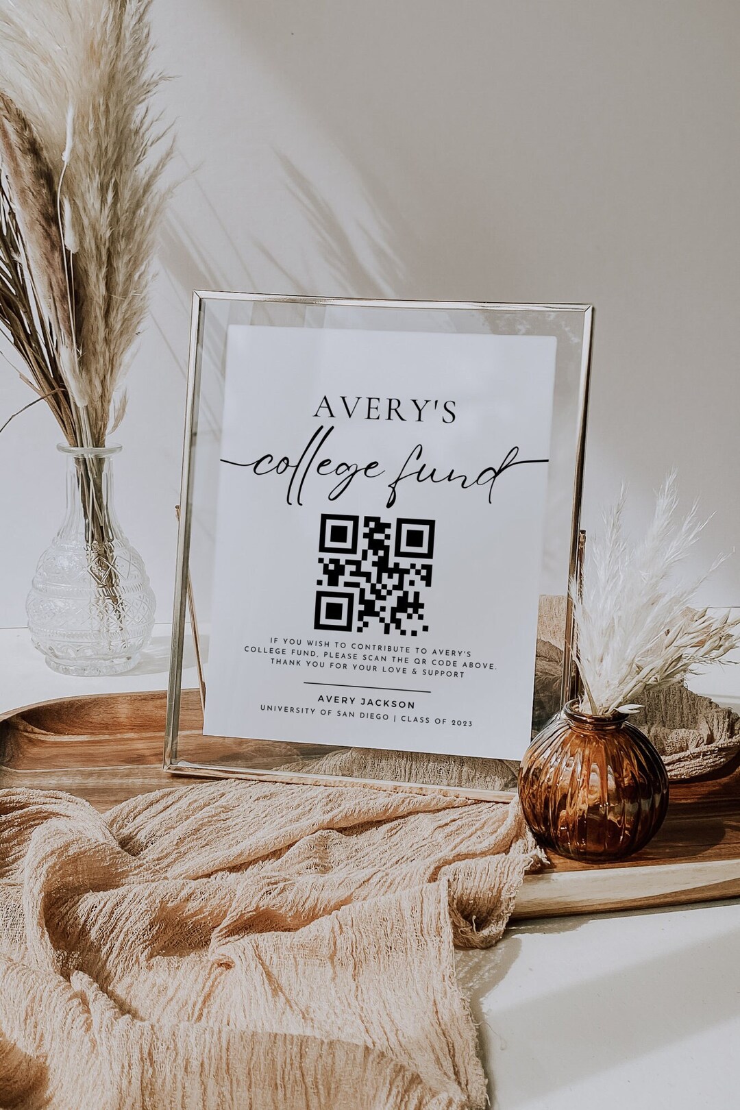 College Fund QR Code Sign, Graduation Party Sign, Modern Minimalist ...