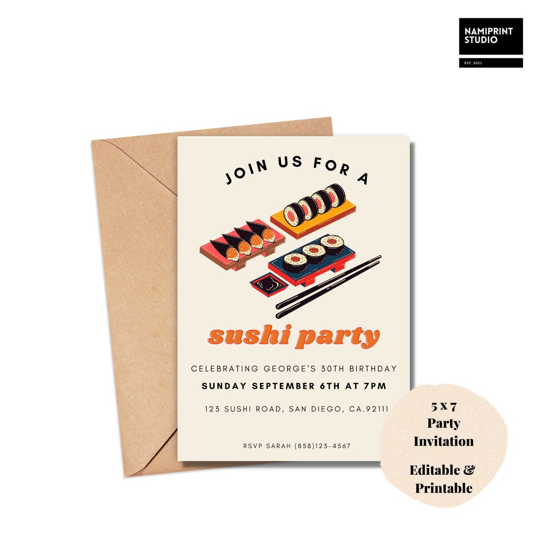 Sushi Birthday Party Editable Invitation Template, Sushi Party ...