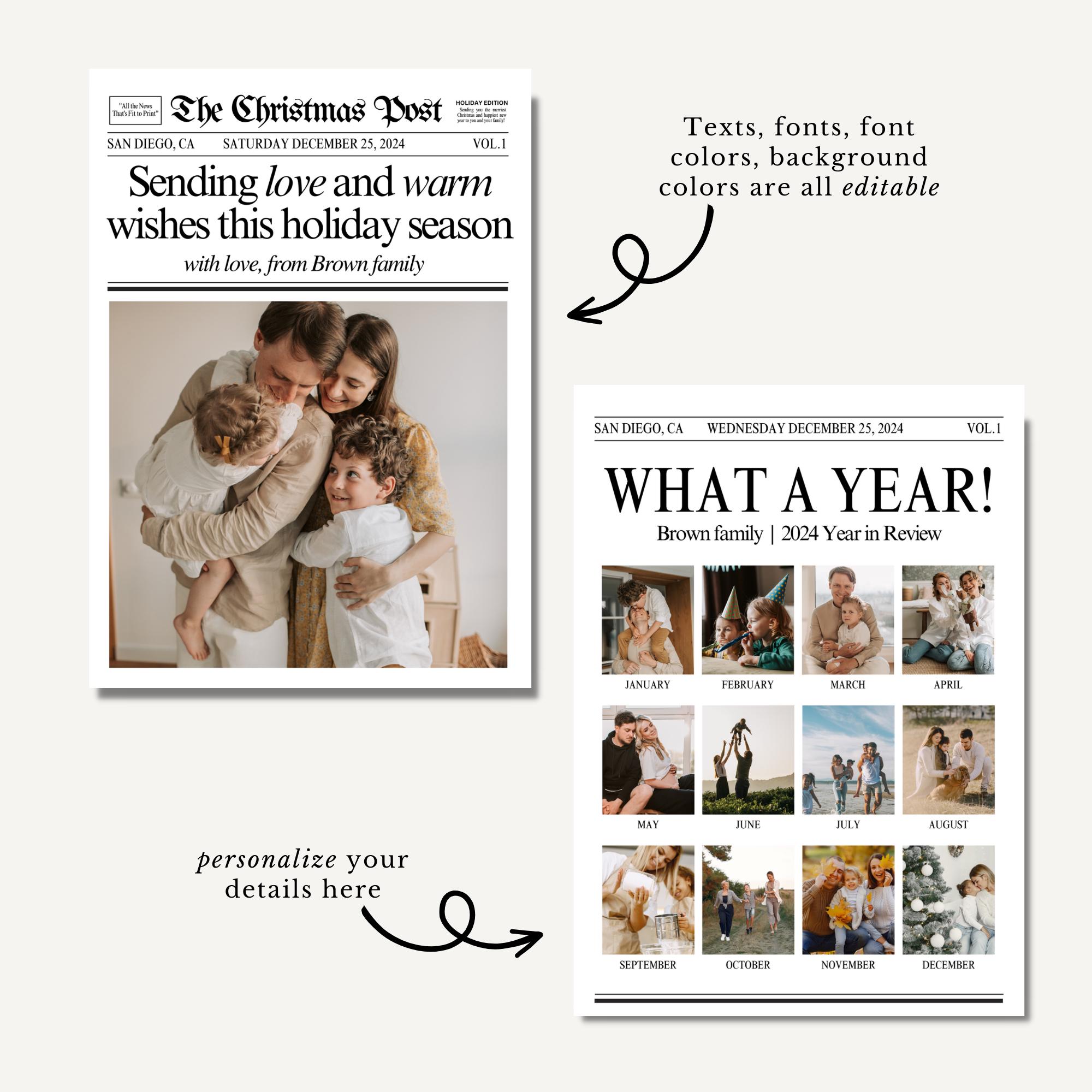 Minimalist Newspaper Christmas Card Template, Editable Year in Review ...