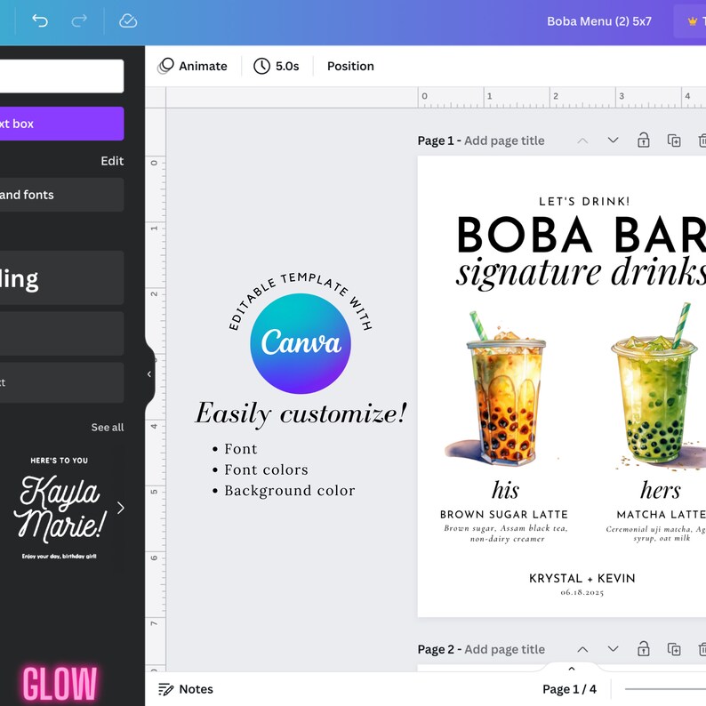 Boba Bar Menu Wedding Sign, Signature Drink Sign, Milk Tea Bar Menu ...