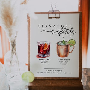 Signature Cocktails Sign Template, Modern Graduation Party Bar Menu ...