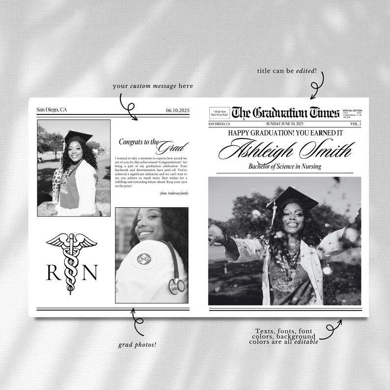 Nurse Grad Newspaper Template, Editable Grad Newsletter, BSN RN Grad ...