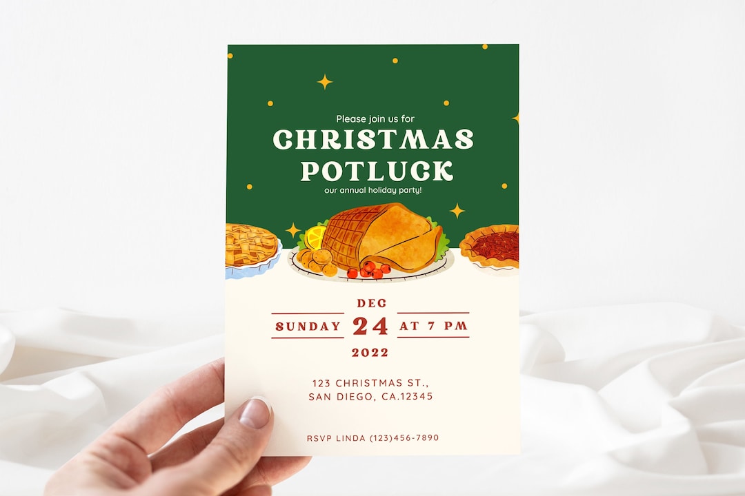 Retro Christmas Potluck Party Invitation Template, Family Holiday ...