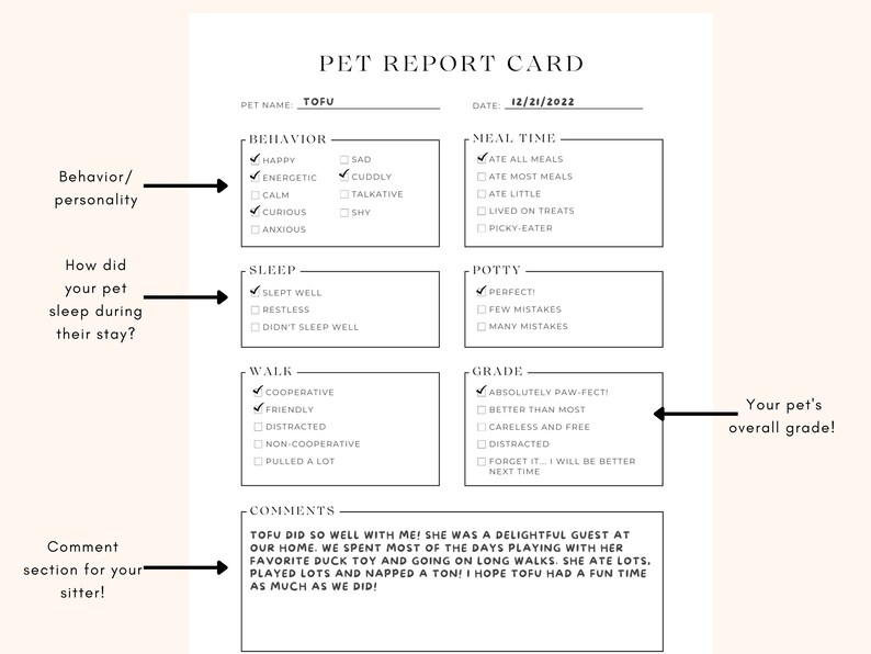 Printable Pet Report Card for Dog Boarding and Pet Sitting - Etsy