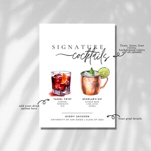 Signature Cocktails Sign Template, Modern Graduation Party Bar Menu ...