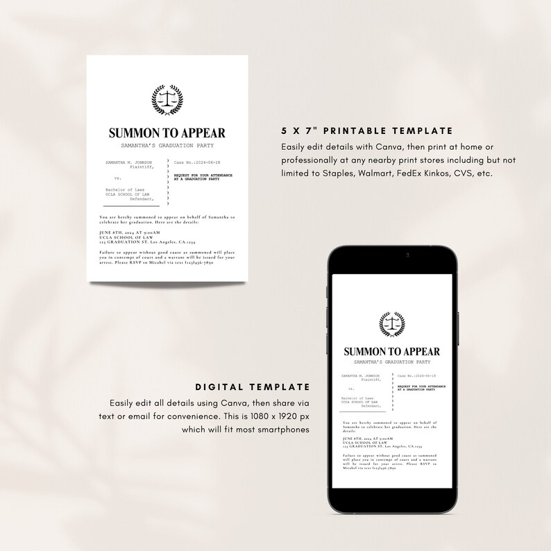 Summon to Appear Evite, Law School Graduation Party Digital Invitation ...