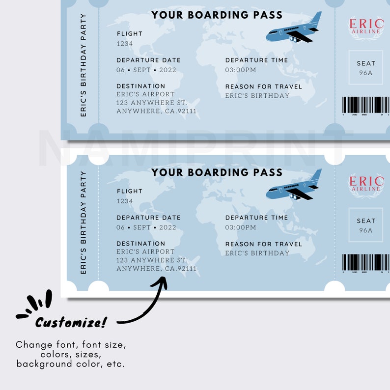 Airplane Boarding Pass Editable Template Airplane Aviation - Etsy