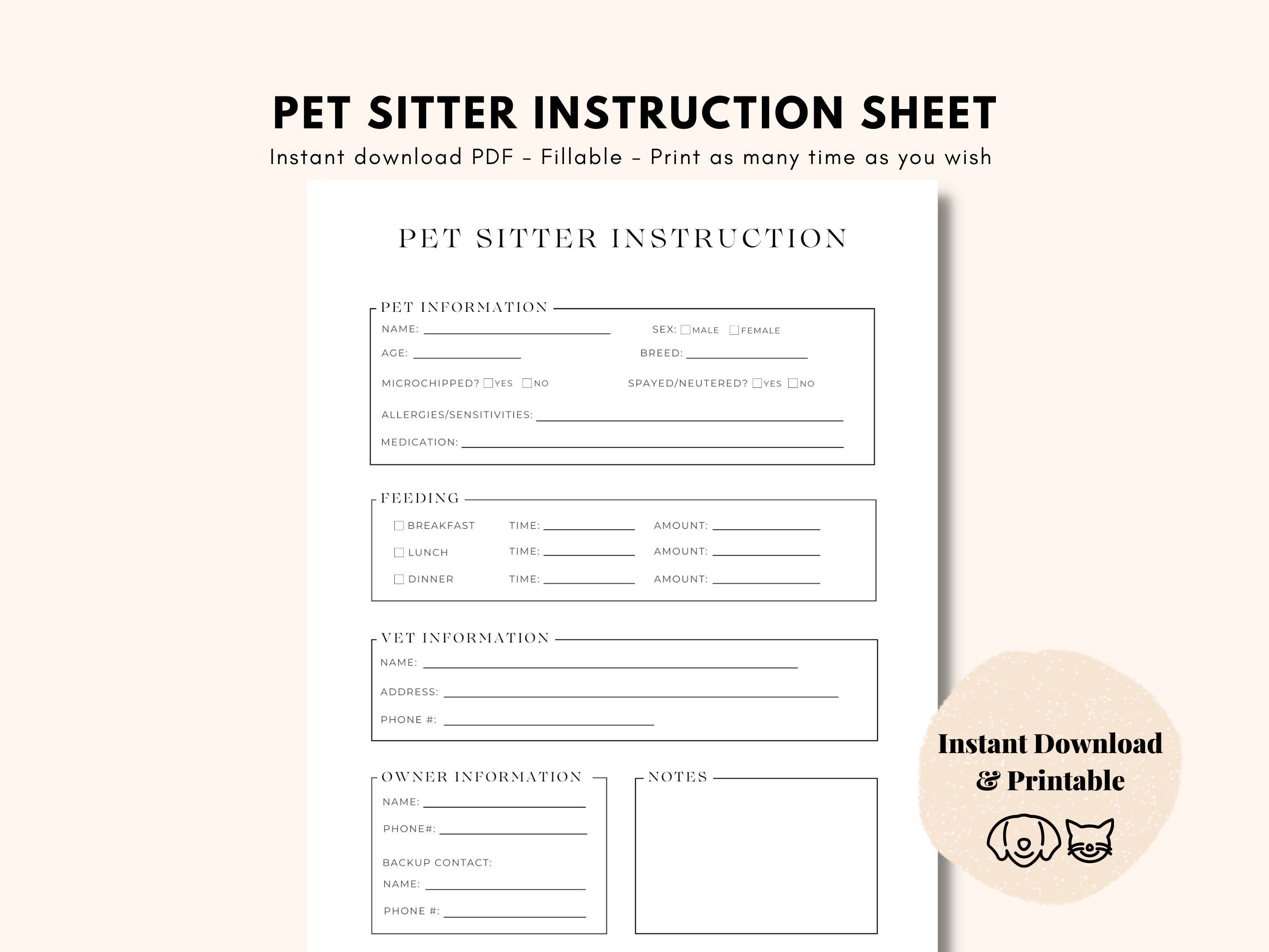 Printable Minimal Pet Information Sheet for Pet Sitter and Pet Boarding ...