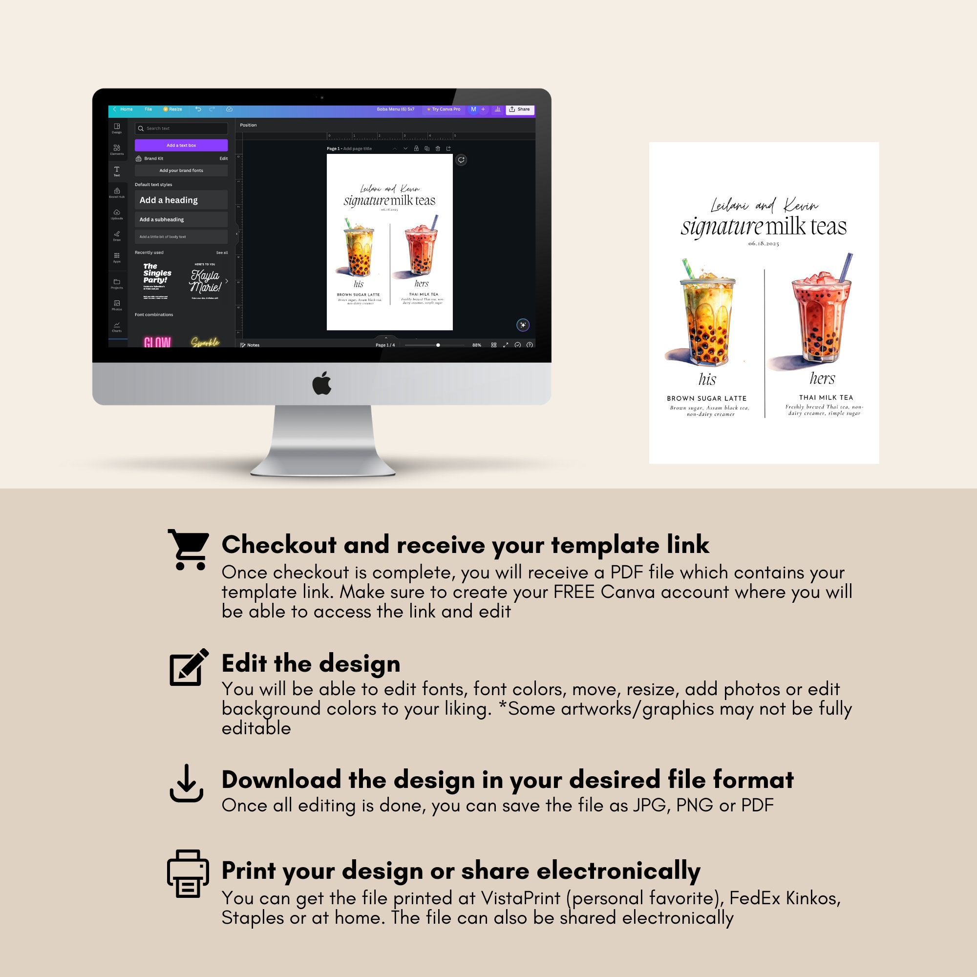 Boba Bar Menu Wedding Sign Signature Drink Sign Milk Tea Bar - Etsy