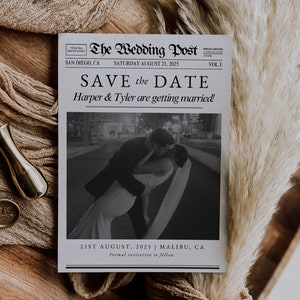 Newspaper Wedding Save the Date Template, Editable Minimal Save the ...
