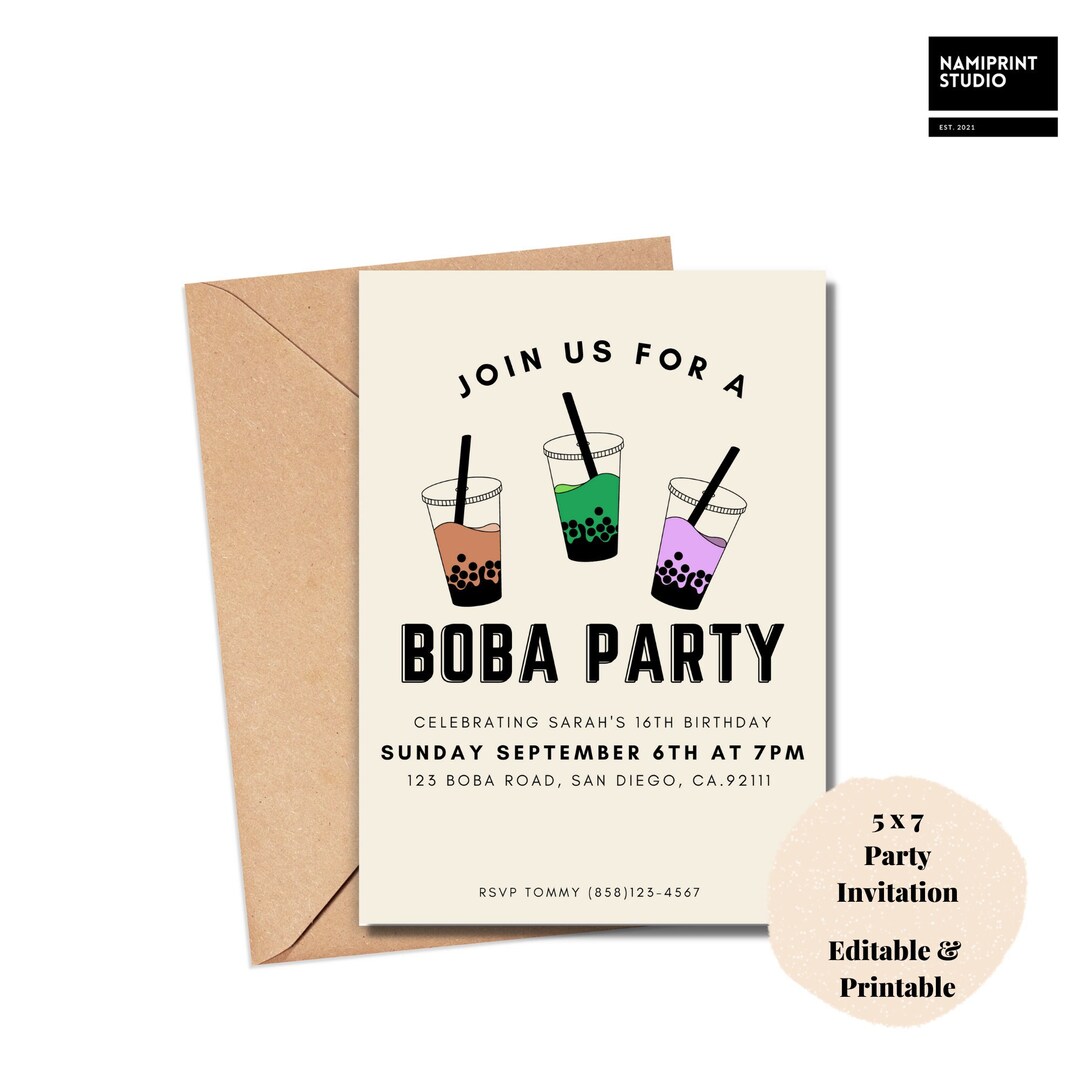 Editable Boba Party Invitation Card, Boba Gift, Boba Party, Invitation ...