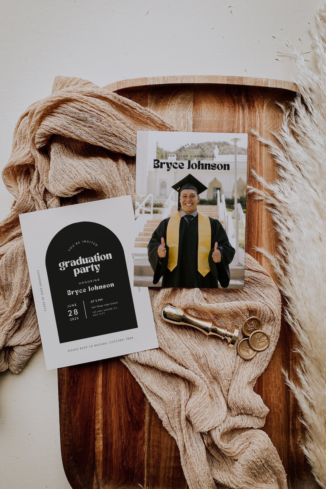 Retro Graduation Announcement Card, Modern Boho Graduation Party ...