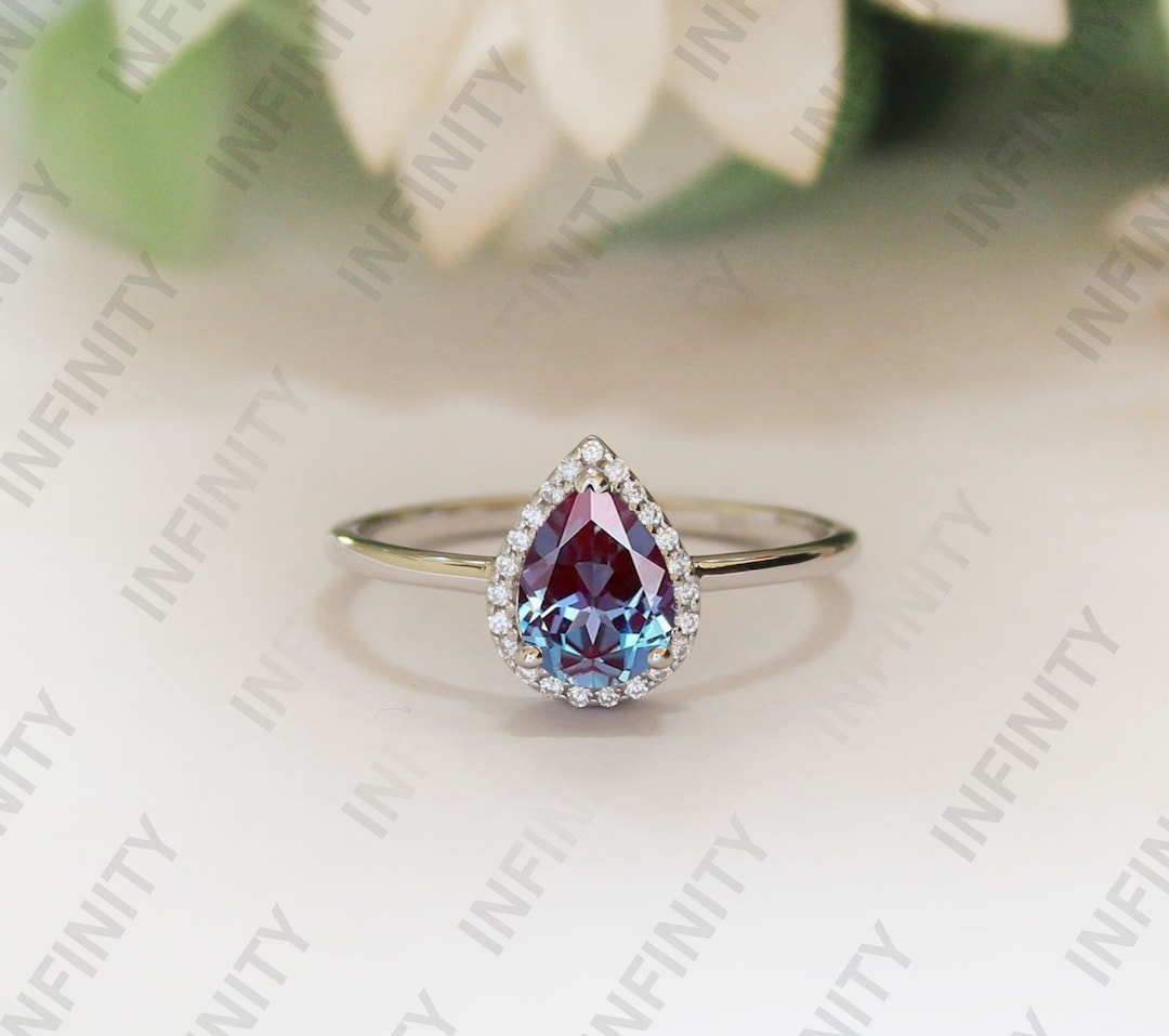 Pear Alexandrite Halo Ring: Color Changing Sterling Silver Bridal ...