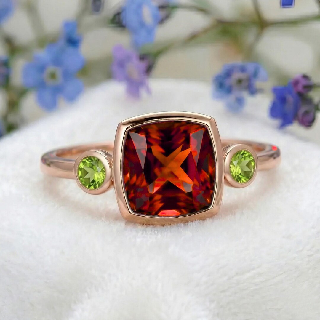 Cushion Red Garnet Engagement Wedding Ring: 14K Rose Gold & Peridot ...