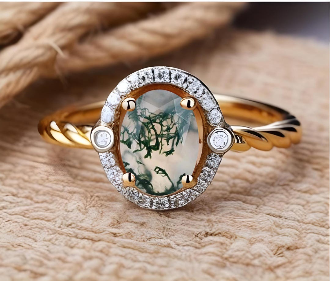 Oval Moss Agate Engagement Ring: 14K Gold, Sterling Silver Halo - Etsy