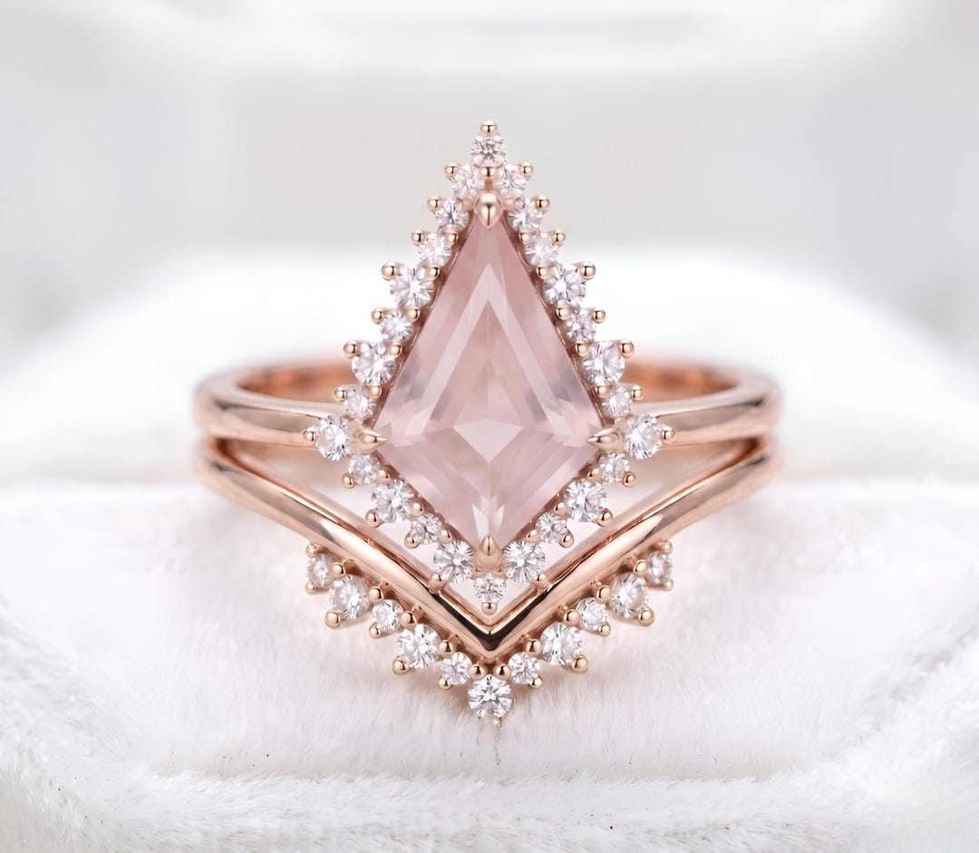 Kite Cut Rose Quartz Engagement Ring Set, 925 Silver 14k Rose Gold ...