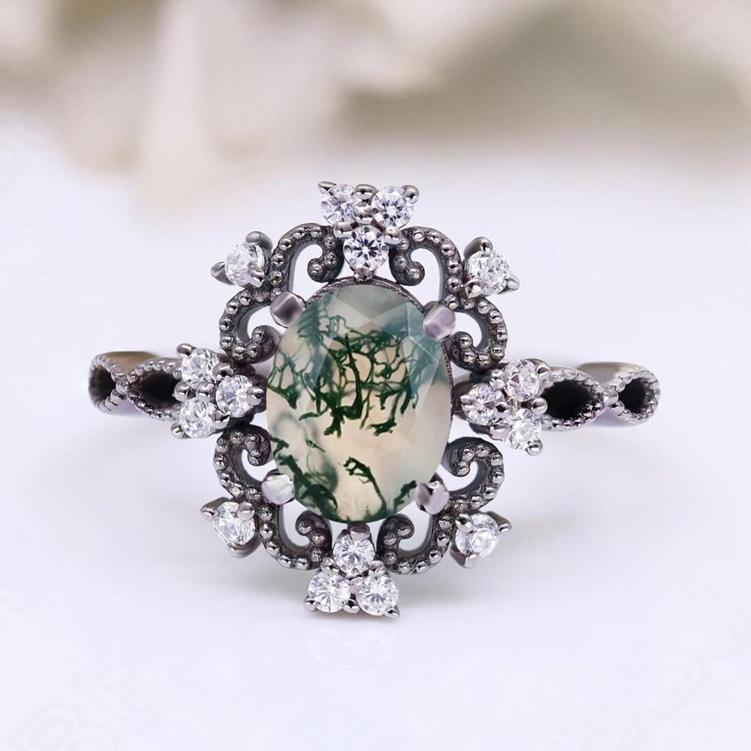 Oval Moss Agate Engagement Ring: Black Rhodium Plated Sterling Silver ...