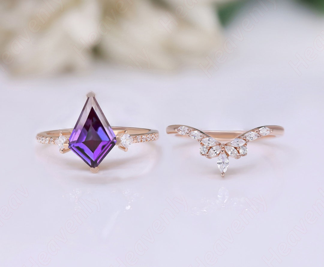 Kite Amethyst Engagement Ring Set: Rose Gold Plated Sterling Silver ...