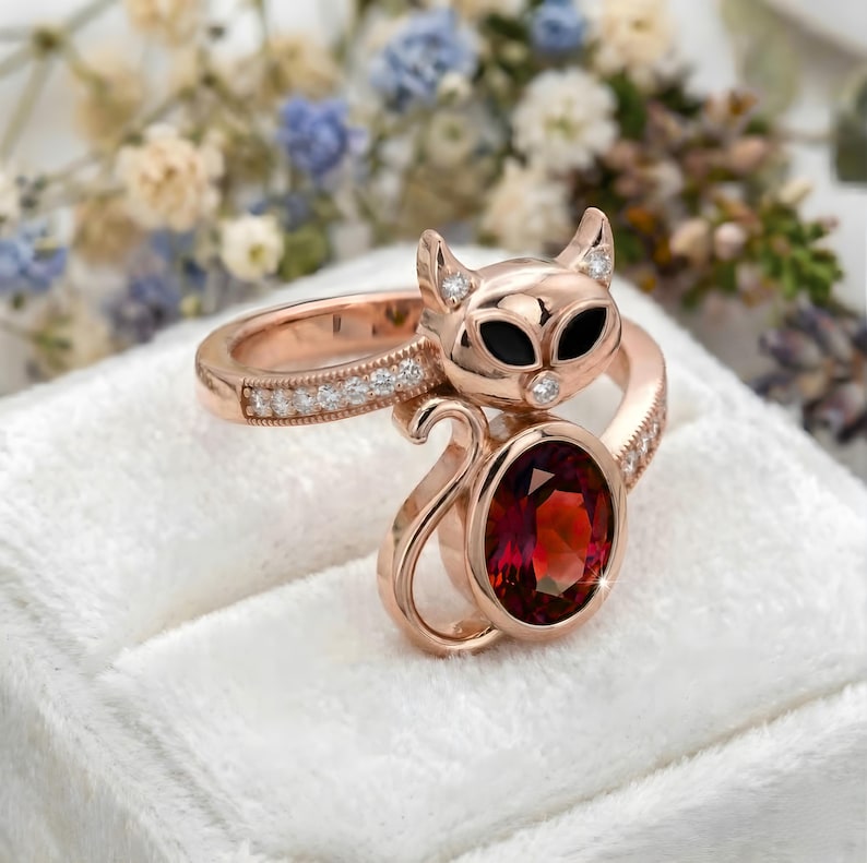 Rose Gold Cat Ring: Red Garnet, Moissanite Accents, Sterling Silver Cat ...
